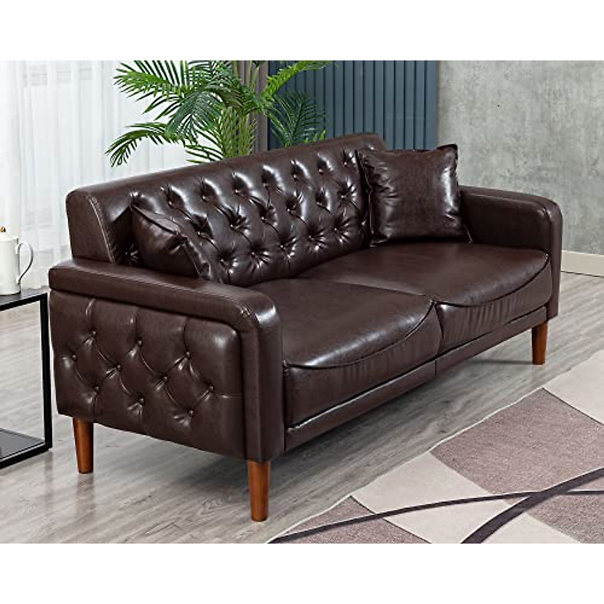 Aoowow Faux Leather Sofas and Couches 78 Inches Long, Mid Century Modern Couch Tufted Back Sofa with 2 Throw Pillows, Armrest and Wooden Legs for Living Room, Apartment, Bedroom (Brown)