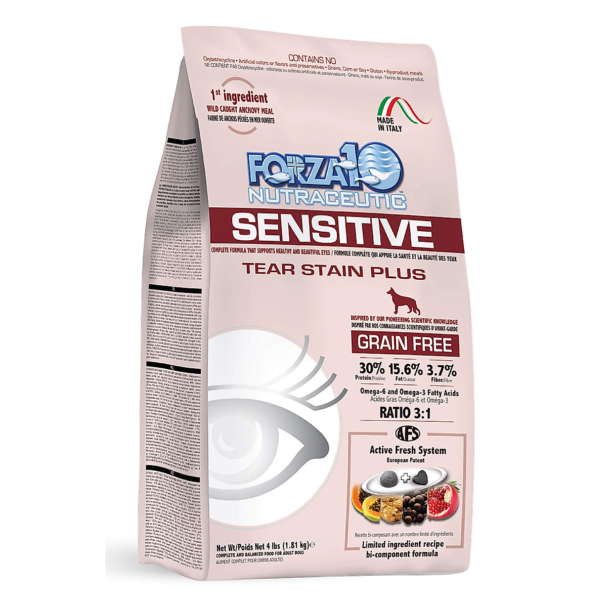 Forza10 Sensitive Tear Stain Remover Dry Dog Food, Grain Free Reduce Tear Stains Dog Eye Care Tear Stain Remover Vet Recommended, Dog Tear Stain 4 Pounds Adult Dogs