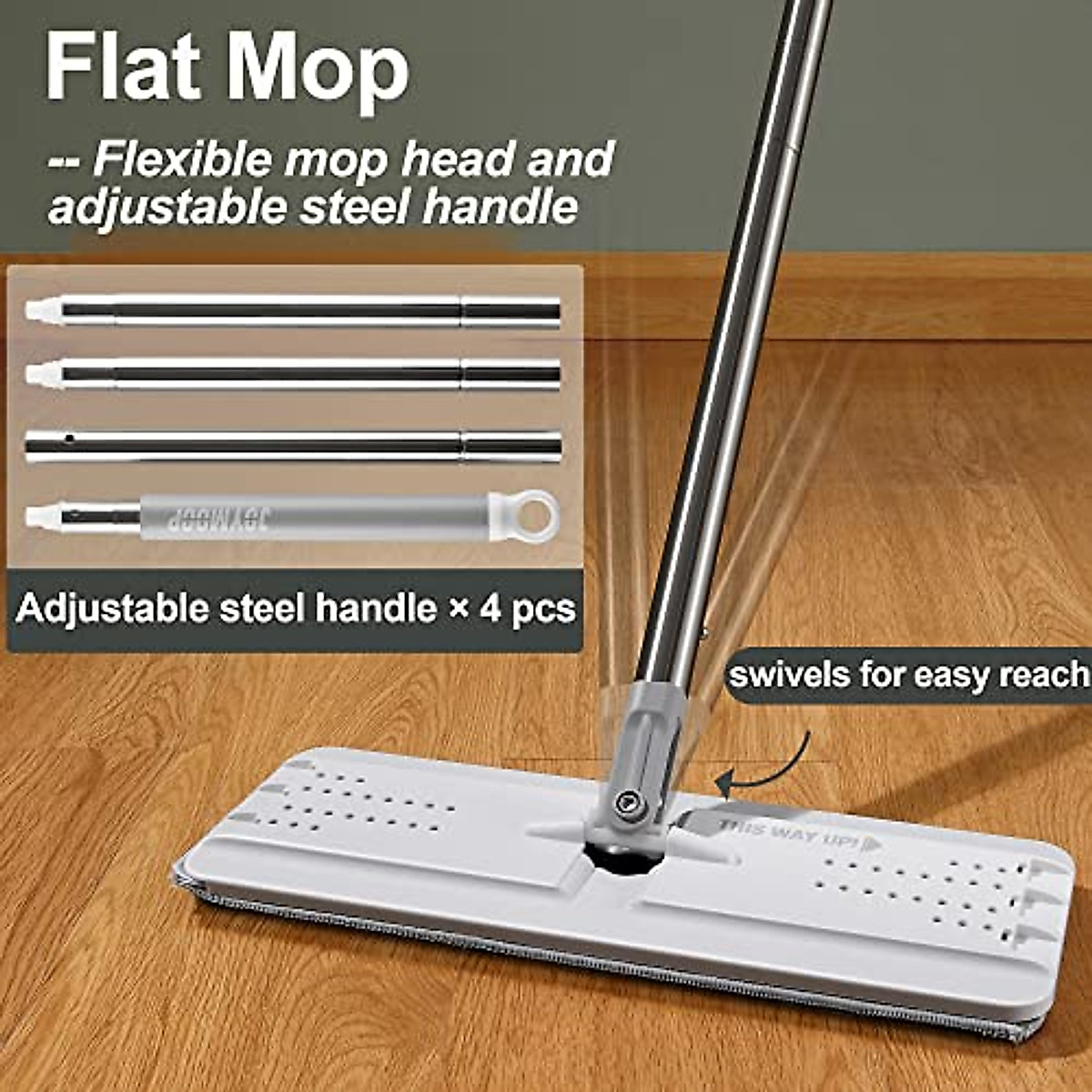 JOYMOOP Mop and Bucket with Wringer Set, Flat Floor Mop and Bucket, Mop for Floor Cleaning with 3 Microfiber Pads, Wet and Dry Use, Household Cleaning Tools, for Hardwood, Laminate, Tile