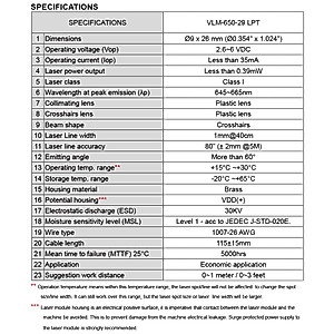 Quarton Laser Module VLM-650-29 LPT Class 1 Red Crosshair Laser Module, Crosshair Laser Line Generator, Emitting line angle > 60°, only 1mm line width @40cm(15.75 inches)
