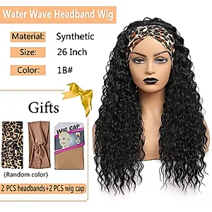 Headband Wig Water Wave Headband Wigs for Women Black Synthetic Curly Headband Wig 26 Inch Glueless Half Wig 180% Density Wigs with Headbands Attached Natural for Daily Use (26 Inch (Pack of 1), 1B)
