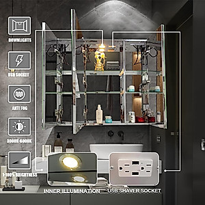 Janboe Stainless Steel LED Medicine Cabinet,Bathroom Mirror Cabinet with Light,3 Color,Dimmable,Equipped with Defogger,USB Shavor Socket,Internal Light,36×32 Inch