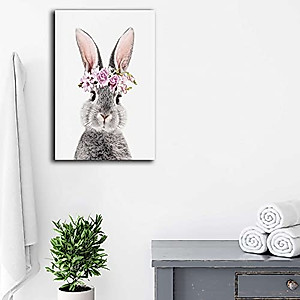 Canvas Painting Posters and Print Bunny Print Nursery Rabbit Bunny Portrait Easter Bunny Wall Art Bunny With Flower Crown Bunny Art Bunny With Flowers Kitchen Dining Room Wall Decor 16x24inch-without Frame