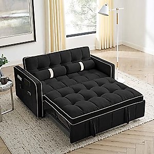 JEEOHEY Sleeper Sofa Couch w/Pull Out Bed, 55.5" New Upgraded Tufted Velvet Convertible Sleeper Sofa Bed, Small Love seat Sofa Bed w/ 2 Pillows for Small Space, Living Room, Apartment, Black