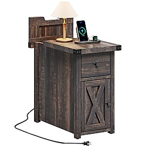 YITAHOME End Table with Charging Station, Narrow Side Table with USB Ports and Outlets, Nightstand with Drawer and Storage Cabinet for Living Room, Bedroom, Dark Rustic Oak