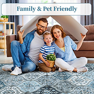 GarveeHome Washable Area Rug Moroccan Trellis Living Room Rug Non-Slip Stain Resistant Accent Rug Vintage Distressed Floral Floor Cover Carpet for Bedroom Laundry Room, 4' x 6', Blue/Grey