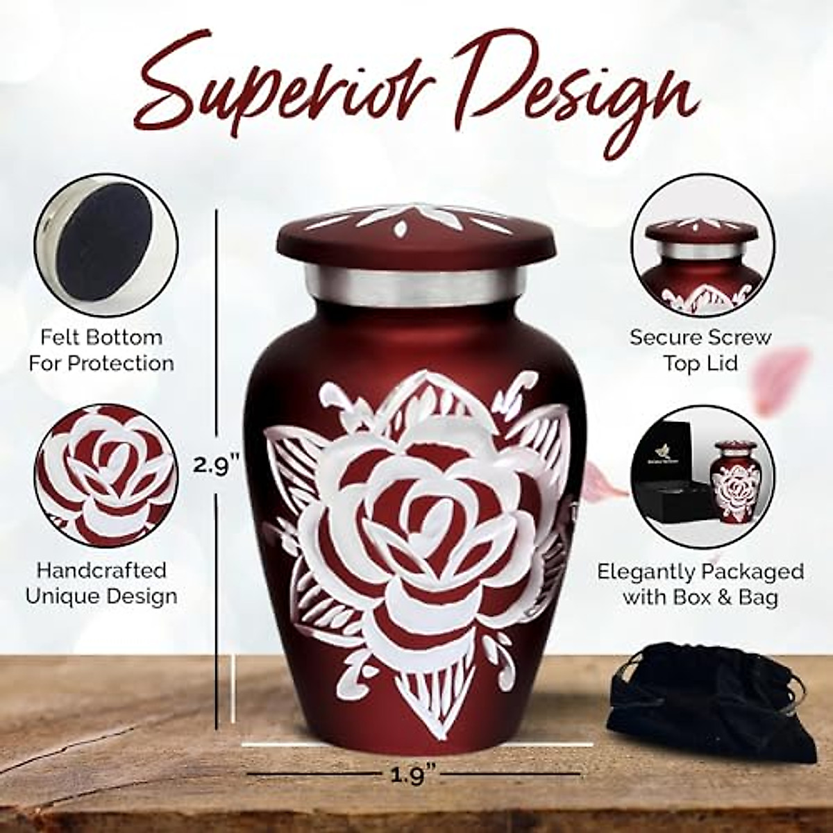 Red Rose Urn - Small Urn for Human Ashes Keepsake - Capacity 3 cu in - Height 2.9 in - Red Urn for Women Men with Box & Bag - Honor Your Loved One with Handcrafted Mini Cremation Urn for Ashes