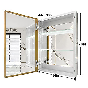 FOMAYKO Aluminum Bathroom Medicine Cabinet with Farmhouse Gold Framed 20(H) x16(W) Inches Recess or Surface Mount Mirror Cabinet for Bathroom Toilet Kitchen