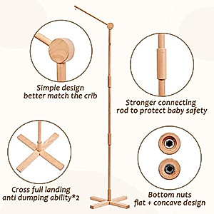 Lanttoe Wooden Floor-Standing Crib Mobile Arm 61 Inches for Baby Nursery-Movable Baby Mobile Hanger with Strong Anti-Dumping Attachment-100% Natural Beech Wood-Thicker Wooden Pole-Nursery Decor