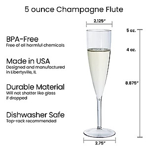 US Acrylic Plastic 5 ounce One Piece Champagne Flute in Clear | Set of 12 Wine Stems | Reusable, BPA-free, Made in the USA, Top-rack Dishwasher Safe