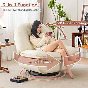 Oversized Electric Recliner Chair, 270 Swivel Rocking Glider Rocker for Adults Modern Ergonomic Lounge Chair Living Room with Phone Stand & Smart Voice Control Theater Seating, Ivory Fuax Leather