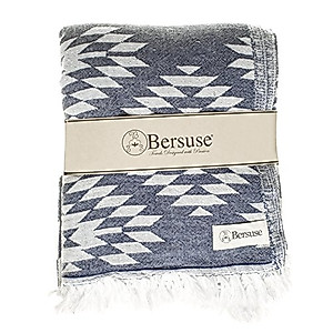 Bersuse 100% Cotton Teotihuacan XL Throw Blanket Turkish Towel - 75x90 Inches, Dark Blue
