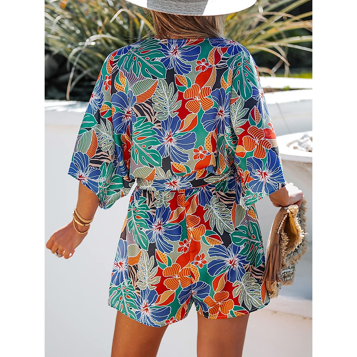 CUPSHE Women's V Neck Romper Half Sleeve Jumpsuit Tropical Hawaii Leaf Belted Belt Romper Wide Leg Outfit Black