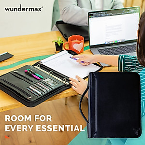 Wundermax Portfolio Binder - 13 x 10.7 x 1.9 Inch, Vegan Leather, 3-Ring Padfolio for Women and Men w/Handle, Zipper, Notepad, Detachable Binder and Pockets for Tablet, Resume and Documents - Black