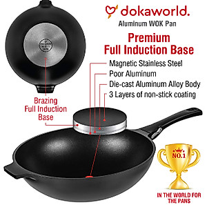 dokaworld Aluminum Nonstick Wok 12 in - Woks and stir fry pans - Non-stick Wok - Wok Pan Detachable Handle - Large Cooking Wok Frying Pan - Flat Bottom Wok - Induction Wok - Stir Fry Wok