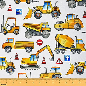 Excavator Fabric by The Yard, Cartoon Truck Upholstery Fabric, Construction Vehicle Decorative Fabric, Tractor Cement Mixer Indoor Outdoor Fabric, Kids DIY Waterproof Fabric, Yellow Blue, 3 Yards