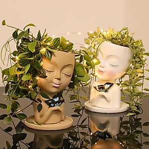 COWATM Face Planters Pots Head for Indoor Outdoor Planter Pot with Butterfly, Succulent Planter with Drainage Hole Cute Lady Face Flower Pots (White)