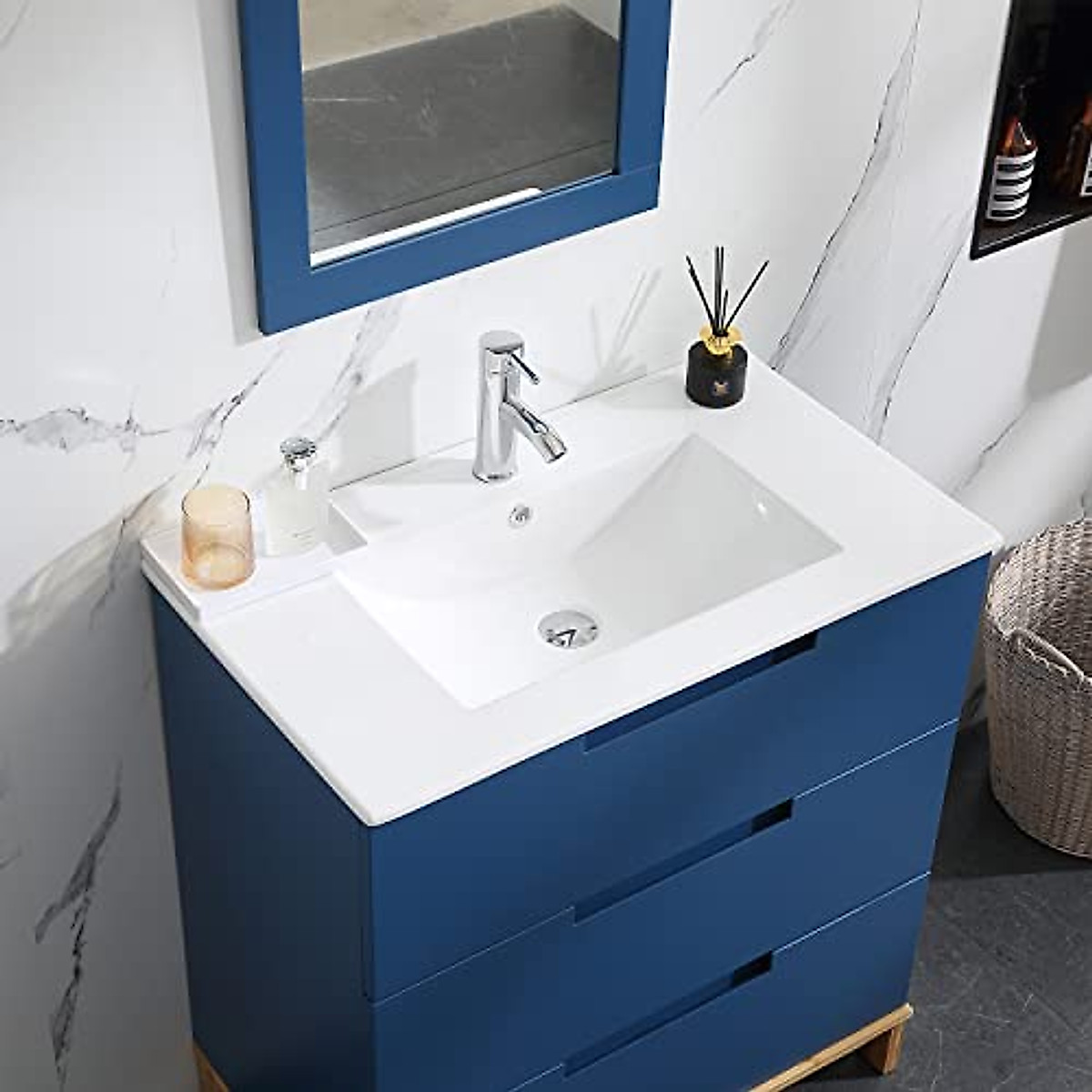 walsport 32" Bathroom Vanity and Sink Combo Modern Navy Cabinet White Basin Vessel Sink Faucet Combo Set with Water Barrier Floor Mount
