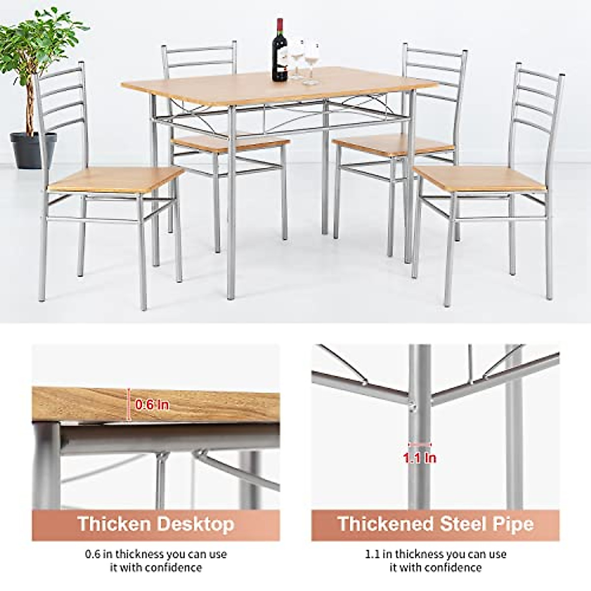 Dining Table Set Kitchen Table and Chairs for 4 Kitchen Table Dining Room Table Set Home Furniture Rectangular Modern Chairs with Metal Legs/Wood Table Top for Breakfast Nook Kitchen Dining Room