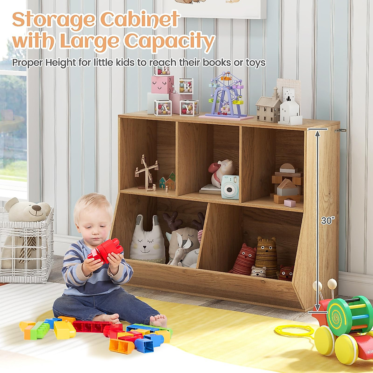 Costzon Toy Organizers and Storage with Bookshelf, Wooden 5 Cubby Children’s Book Shelf Toy Storage Cabinet Bookcase for Kids Room, Playroom, Kindergarten, Nursery (Natural)