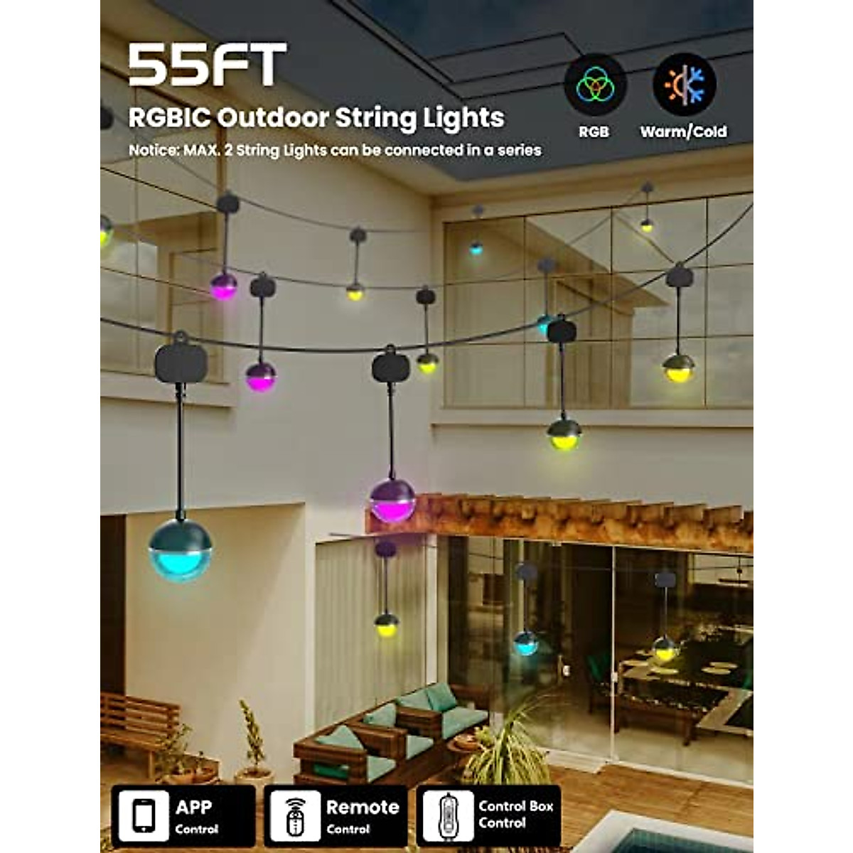 Lemon Summer String-Lights-55ft-RGBIC-Smart Multi-Color-Changing Waterproof-Outdoor-Dimmable-Remote - IP65 Shatterproof Patio Lights, 15 LED Bulbs with 213 Scene Modes, App Control, Connectable