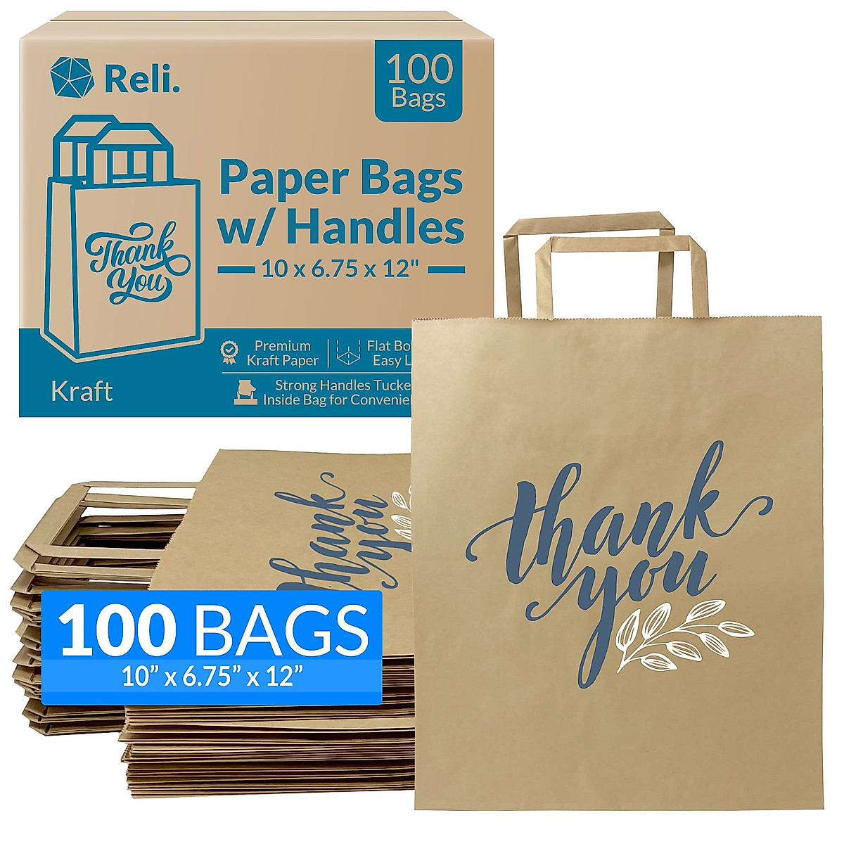 Reli. Brown Paper Bags w/Handles | 100 Pcs Bulk | 10"x6.75"x12" | Paper Thank You Bags | Printed Kraft Paper Bags, Shopping Bags, to Go Bags, Thank You Gift Bags, Wedding |25% Larger Than 10"x 5"x13"