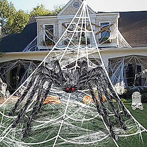 YUJUN Halloween Giant Spider Decorations 59'', Halloween Web Decor Scary Giant Spider with 100PCS Small Fake Plastic Spiders 275'' Giant Spider Webs for Halloween Outdoor and Indoor Decoration