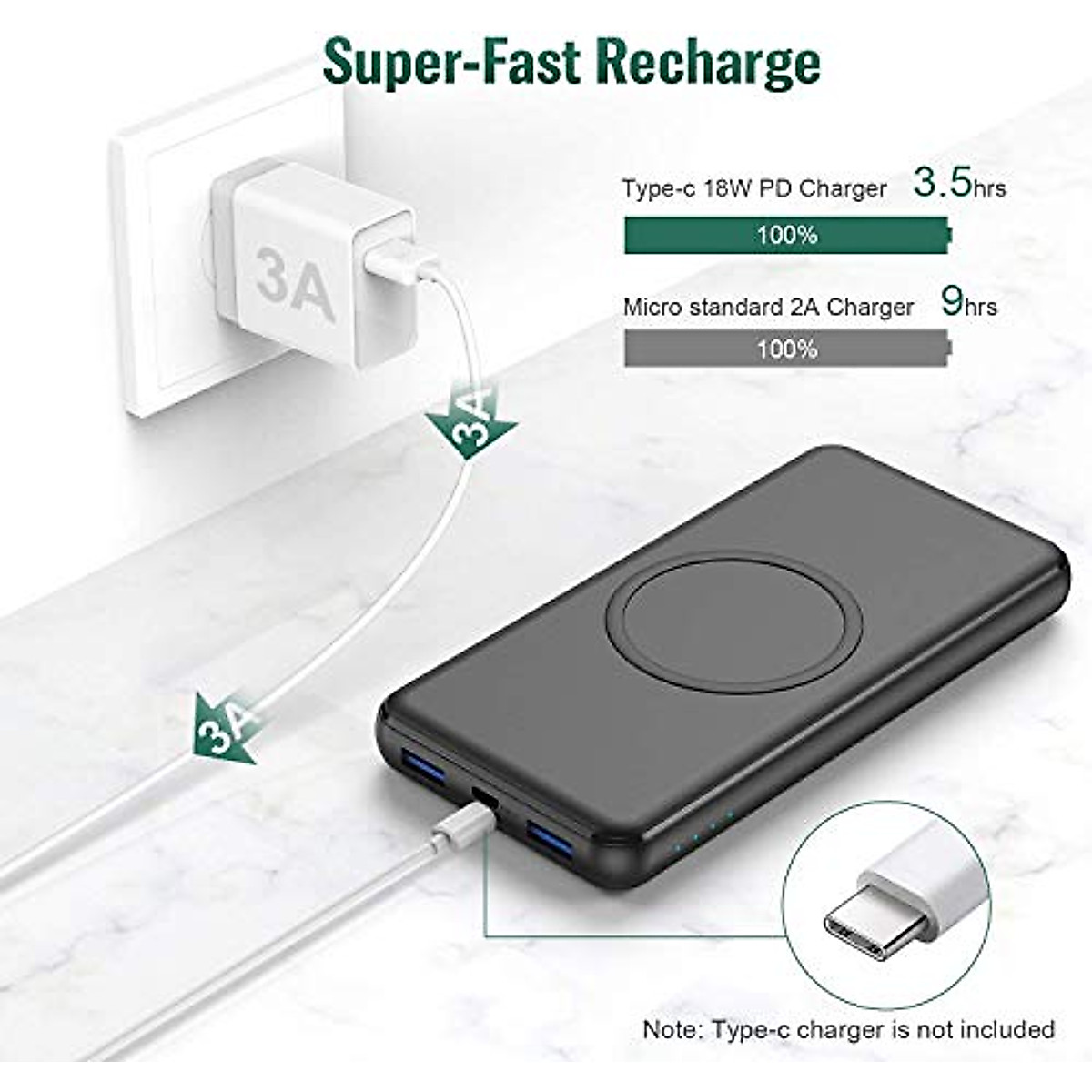 Ekrist Wireless Portable Charger Power Bank, PD 26800mAh Quick Cell Phone Wireless Charging, 2 Input+4 Output QC3.0 External Power Delivery USB-C Battery Pack Compatible with iPhone 12/11, Samsung