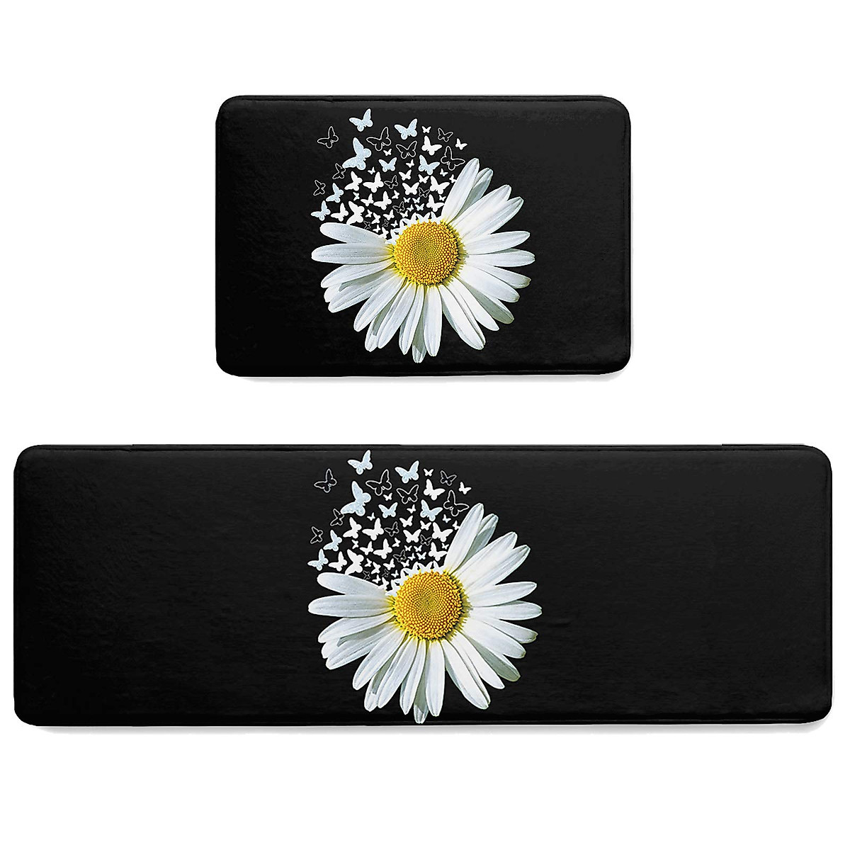 White Daisy Kitchen Mat Set of 2, Anti Fatigue Comfort Floor Mats for Kitchen Living Room Laundry Waterproof Non Skid Standing Rug Set, Butterfly Petals