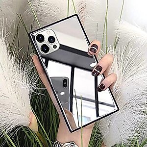 LUVI for iPhone 12 Pro Max Square Case Makeup Mirror for Women Girls Cute Luxury Glossy Glass Mirror Back Design Cover with Silicone TPU Slim Thin Case for iPhone 12 Pro Max 6.7 inch Silver