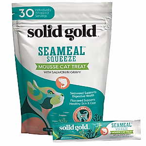 Solid Gold Lickable Cat Treats - Salmon SeaMeal Squeeze Squeezable Cat Treats for Indoor Cats 30 Pack - Made with Fiber-Rich Seaweed for Digestive Health for Immune Support - 3 oz / 30 Count
