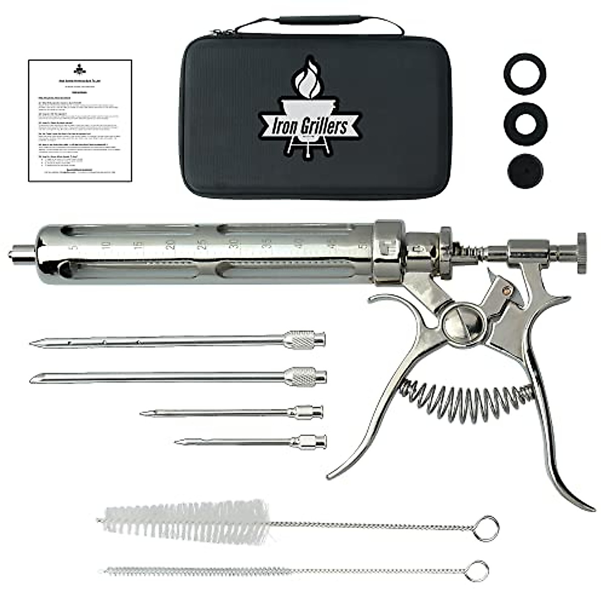 Iron Grillers Meat Injector Gun for Smoking & Grilling, Large 2 Oz Glass Syringe for Cooking BBQ, Brisket, Turkey & More - Inject Marinade or Seasoning for Tender Flavor! - Automatic Professional Kit