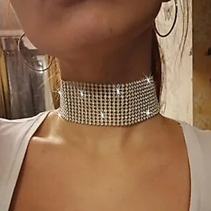 Yokawe Sparkly Crystal Necklace Silver Rhinestone Diamond Choker Gitter Wide Collar Necklaces Wedding Party Rave Neck Jewelry Accessories for Women(Silver)