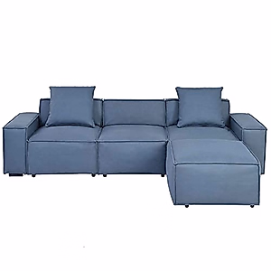 ATY L Shaped Sectional Sofa with Removable Ottomans and 2 Pillows, Living Room Polyester Couch w/Low Backrest & Wide Armrest, for Home, Apartment, Office, Livingroom, Blue Gray