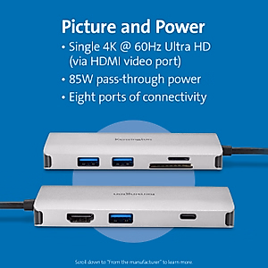 Kensington UH1400P 8-in-1 USB-C Hub with 85W Pass Through Charging Power Delivery, 4K 60Hz HDMI, Ethernet, MicroSD Card, 3 USB-A 3.2 for M1 /M2 Macbook Pro Air, HP, Lenovo, iPad Pro, Silver (K33820WW)