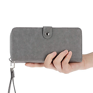 HAWEE Wristlet Wallet Long for Women Multi Card Holder Hand Phone Purse with Strap, Grey