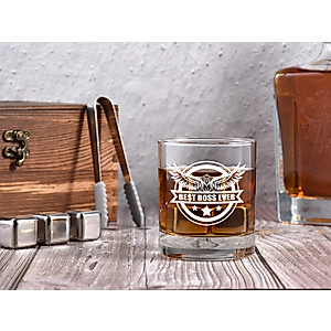 Best Boss Ever Whiskey Glass Stones Gifts for Boss, Funny Men's Christmas Birthday Day Gifts for Boss Supervisor Office Administrator Mentor Manager Coach Friends, Bourbon Scotch Glass Gift Set