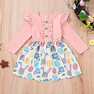 YOUNGER TREE Toddler Baby Girl Easter Outfits Ruffle Long Sleeve Top Bunny Egg Print Skirt One-Piece Girl Dress Clothes (18-24 Months, Pink/Bunny Egg)