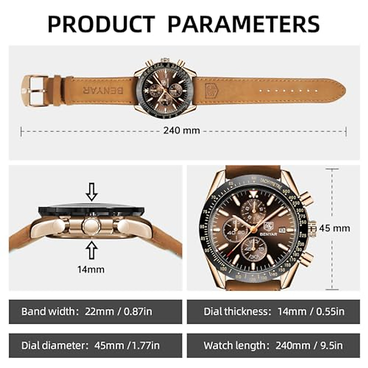 BY BENYAR Mens Watches Analog Quartz Chronograph Waterproof Brown Leather Men's Wrist Watches Business Work Casual Sport Classic Big Face Dress Watch Unique Elegant Gifts for Men