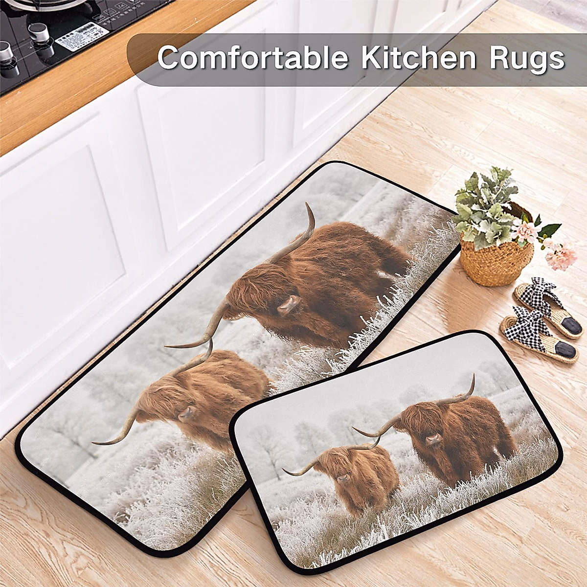 JUNZAN Scottish Highland Cow Kitchen Rugs and Mats Set of 2 Non Slip Anti Fatigue Runner Rug for Farmhouse Laundryroom Bathroom Home Western Decor Floor Mat