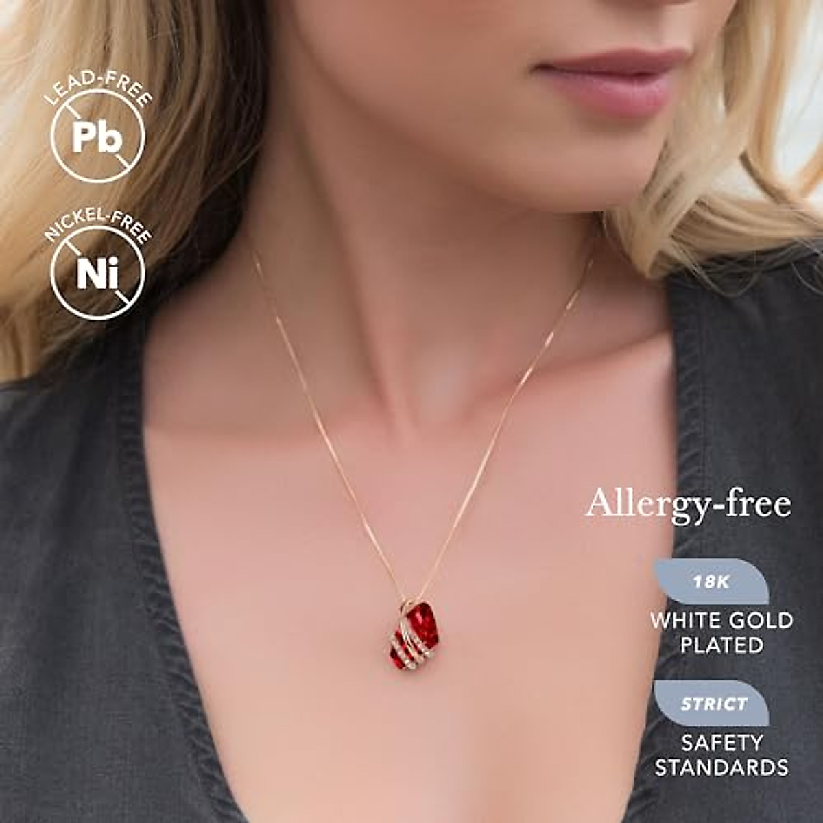 Leafael Wish Stone Pendant Necklace with Ruby Red Birthstone Crystal for January and July, 18K Rose Gold Plated, 18" + 2" Chain
