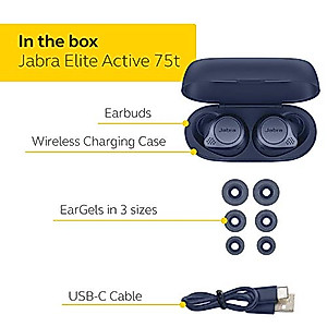 Jabra Elite Active 75t True Wireless Bluetooth, Navy – Earbuds for Running and Sport, Charging Case Included, 24 Hour Battery, Active Noise Cancelling Earbuds