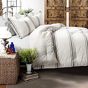 Lush Decor Farmhouse Stripe 3 Piece Reversible Comforter Bedding Set, King, Gray