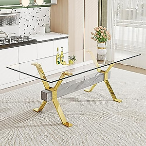 Glass Dining Table for 4, 79" Modern Kitchen Dining Room Table with Rectangular Tempered Glass Tabletop and Gold Plated Metal Legs for Dining Room (Gold)