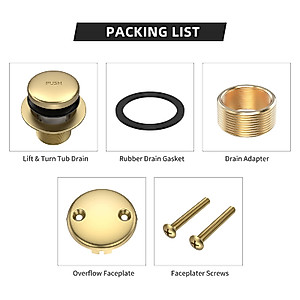 All Metal Tip-Toe Bathtub Drain Kit with Two-Hole Overflow Faceplate and Universal Fine/Coarse Thread Assembly, Bath Tub Drain Kit fits All Bathtub -Brushed Gold