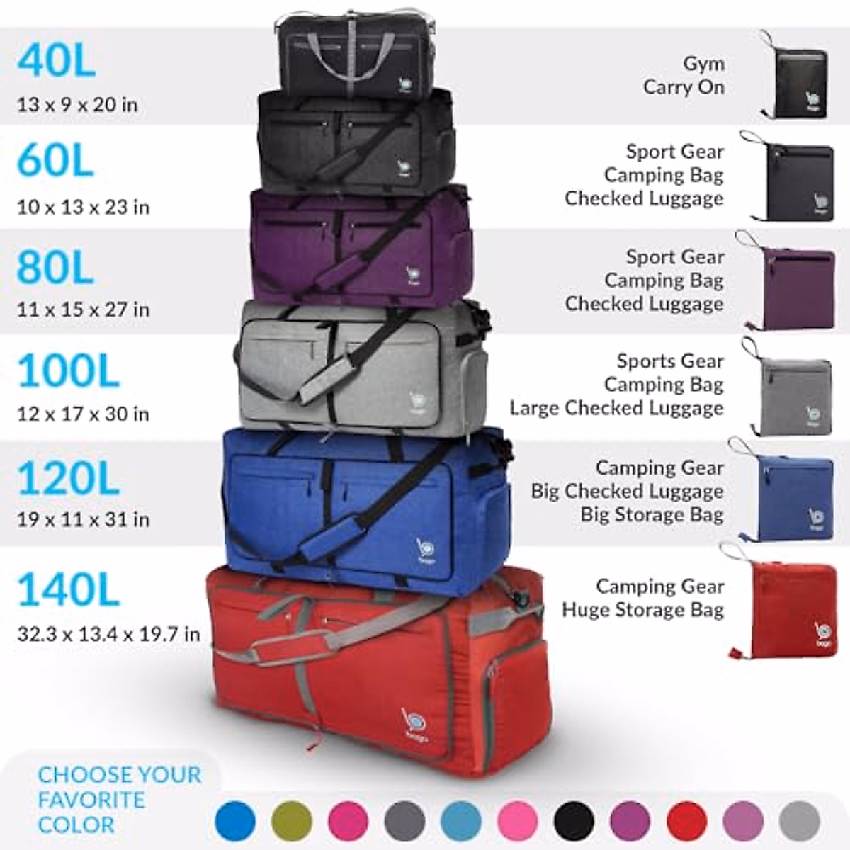 Bago Large Foldable Duffel Bags for Traveling Women & Men - 100L Packable Duffle Bag for Travel with Shoe Compartment - Water Repellant, Heavy Duty, Lightweight Folding & Collapsible (SnowBlue)