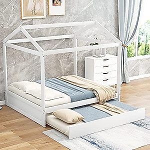 BIADNBZ Full Size House Platform Bed Frame with Trundle and Support Legs for Kids Bedroom, Wooden Playhouse BedFrame, Easy Assembly,White