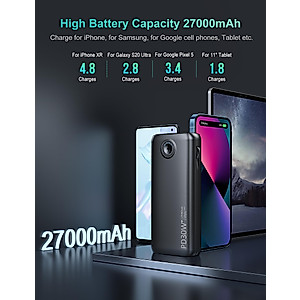 Dpdenoy Portable Charger with Built in Cable, 27000mAh Power Bank QC4.0 22.5W PD3.0 USB C Fast Charging, Phone Battery Pack with 3W Flashlight for iPhone, Samsung, Google, Tablet, and More