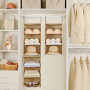 TOPIA HOME 6-Shelf Hanging Closet Organizer, Two Separable 3-Tier Thickened Fabric Hanging Closet Shelves with Mesh Pockets, Collapsible Closet Organizers and Storage Organization, Beige