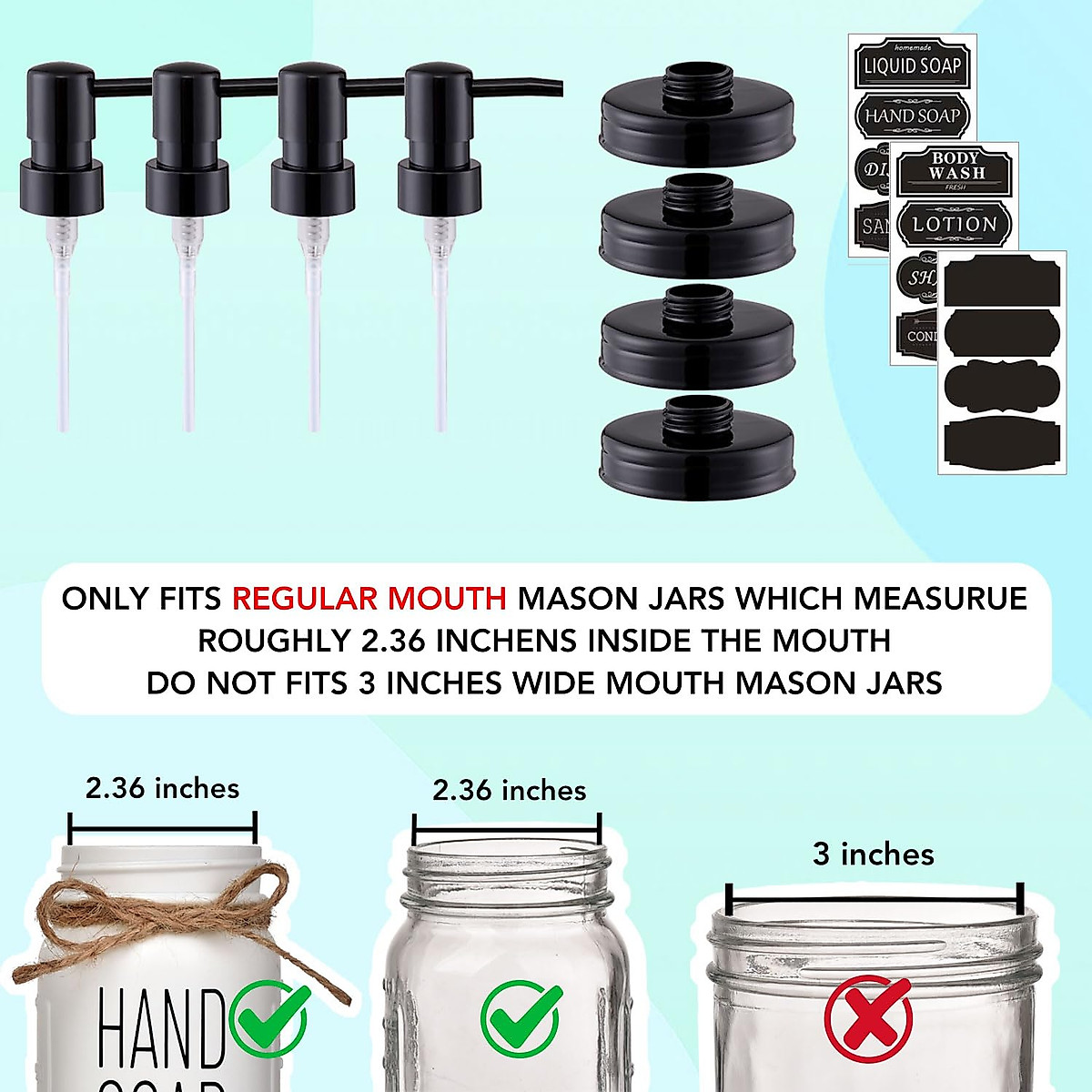 Elwiya Rustic/Farmhouse Mason Jar Soap Dispenser Lid and Pump Rust Proof, Black Plastic Dispenser Lid for 16 oz Regular Mouth Mason Jar Decor - 4 Pack